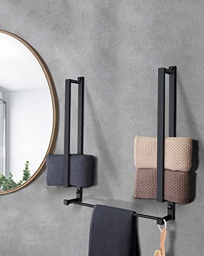 LIVEHITOP 2PCS Towel Rail, Wall Mounted Hand Towel Rack Bar with Rod Hook Aluminum Stainless Steel Matte Black 16.9 Inch for Bathroom Kitchen (Drilling/NO Drilling)