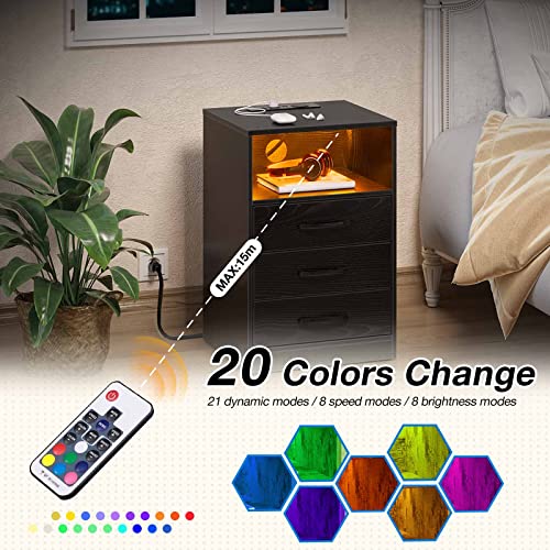 Seventable Nightstand with Wireless Charging Station and LED Lights, Modern End Side Table with 3 Drawers and Open Compartment for Bedroom, Black