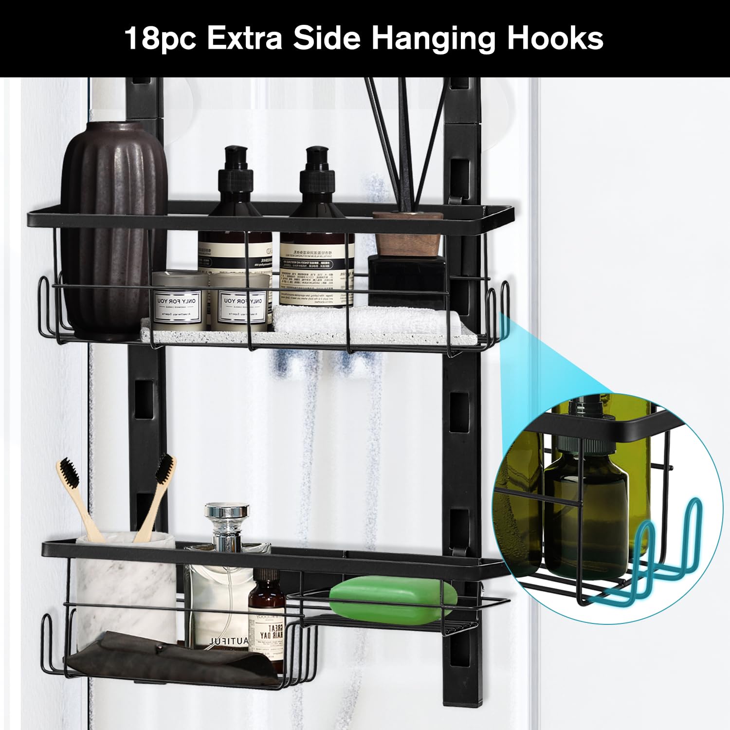 AUROPEAK Over The Door Shower Caddy, Hanging Shower Organizer Rustproof No Drilling, Adjustable Shower Caddy Over the Door Storage Rack with 4-Tier Shelf, Soap Holder, Towel Hooks for Bathroom
