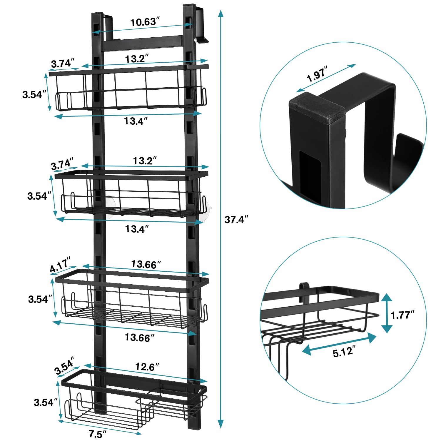 AUROPEAK Over The Door Shower Caddy, Hanging Shower Organizer Rustproof No Drilling, Adjustable Shower Caddy Over the Door Storage Rack with 4-Tier Shelf, Soap Holder, Towel Hooks for Bathroom