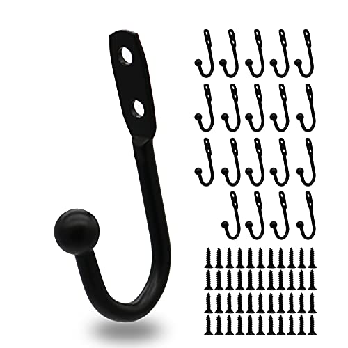 BERYLER Black Coat Hooks, 20-Pack 1”x2” Heavy Duty Single Wall Hooks with Metal Screws Included, Wall Mounted Hook for Hanging Clothes, Hats, Bags, Scarfs, Keys