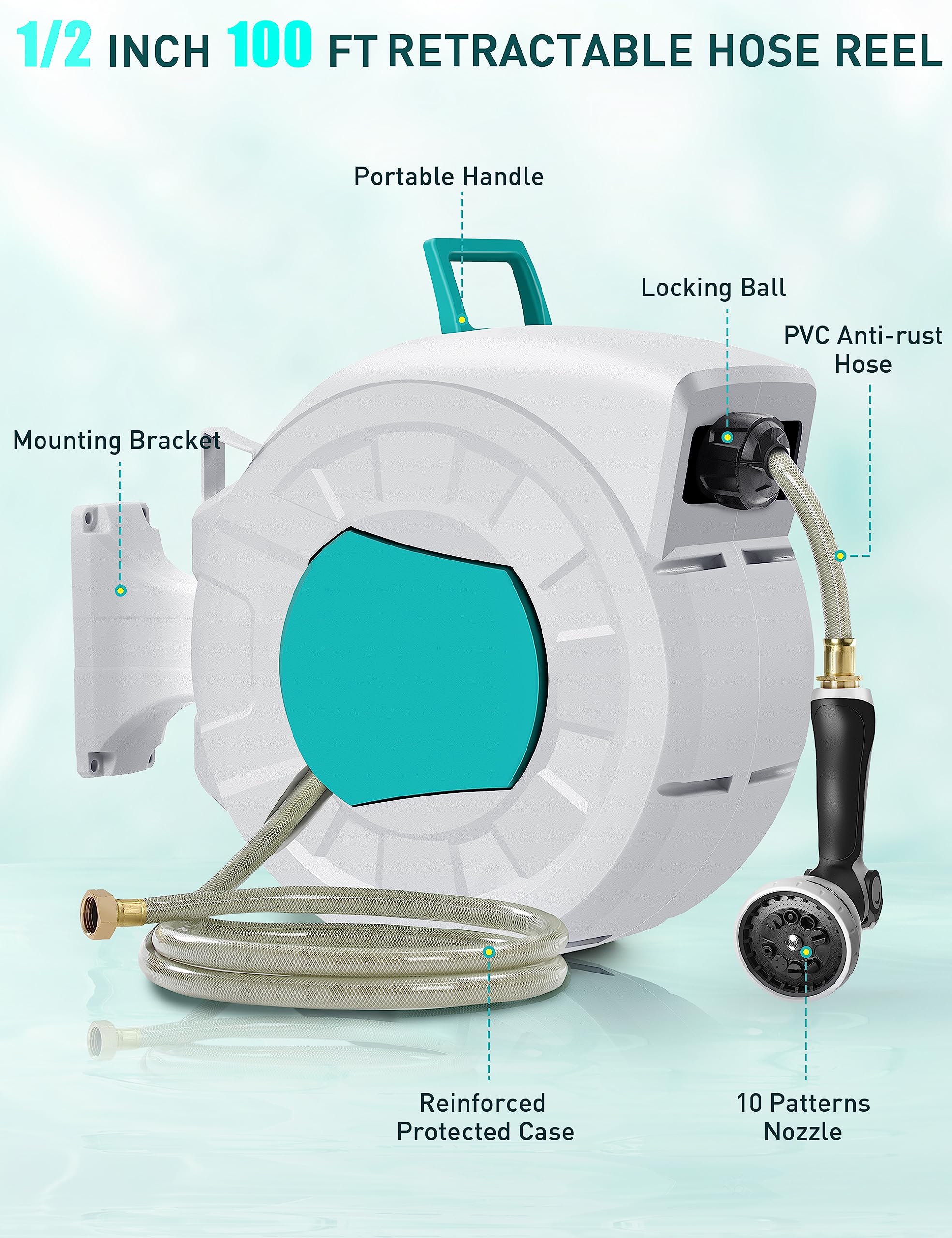 Rengue Retractable Garden Hose Reel, 1/2" x 100 ft Wall Mounted Hose Reel with 10 Pattern Nozzle, Automatic Slow Rewind, Any Length Lock, 180° Swivel Bracket, Ideal for Garden Watering