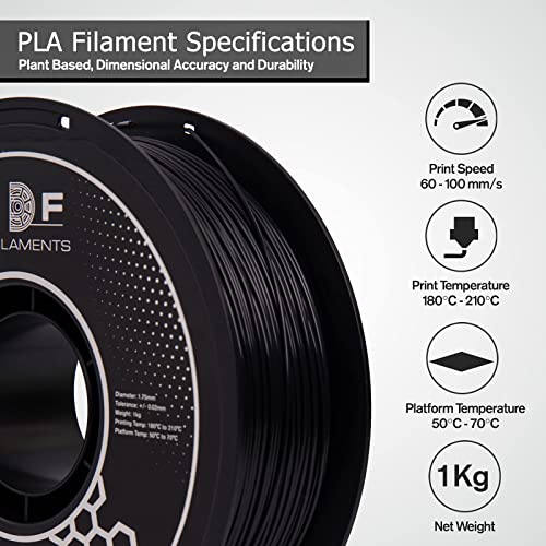 3DF Printing Filament β Black PLA 3D Filament for FDM 3D Printers | PLA Filament 1.75mm | Dimensional Accuracy +/- 0.02mm | 1kg (2.2lbs) Spool | Pack of 1