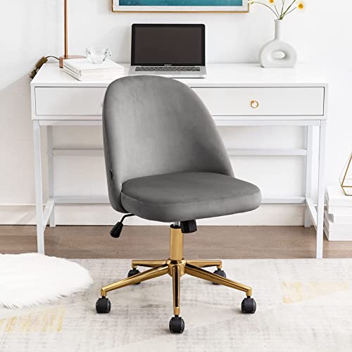 Duhome Cute Armless Home Office Chair,Swivel Desk Chair Velvet Upholstered Chair Rolling Computer Chair with Backrest Golden Base,Adjustable Vanity Chair with Wheels for Teens Adults,Grey