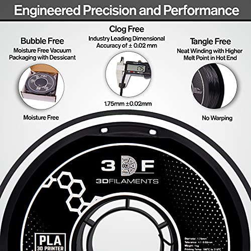 3DF Printing Filament β Black PLA 3D Filament for FDM 3D Printers | PLA Filament 1.75mm | Dimensional Accuracy +/- 0.02mm | 1kg (2.2lbs) Spool | Pack of 1