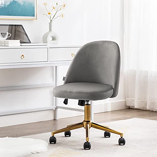 Duhome Cute Armless Home Office Chair,Swivel Desk Chair Velvet Upholstered Chair Rolling Computer Chair with Backrest Golden Base,Adjustable Vanity Chair with Wheels for Teens Adults,Grey