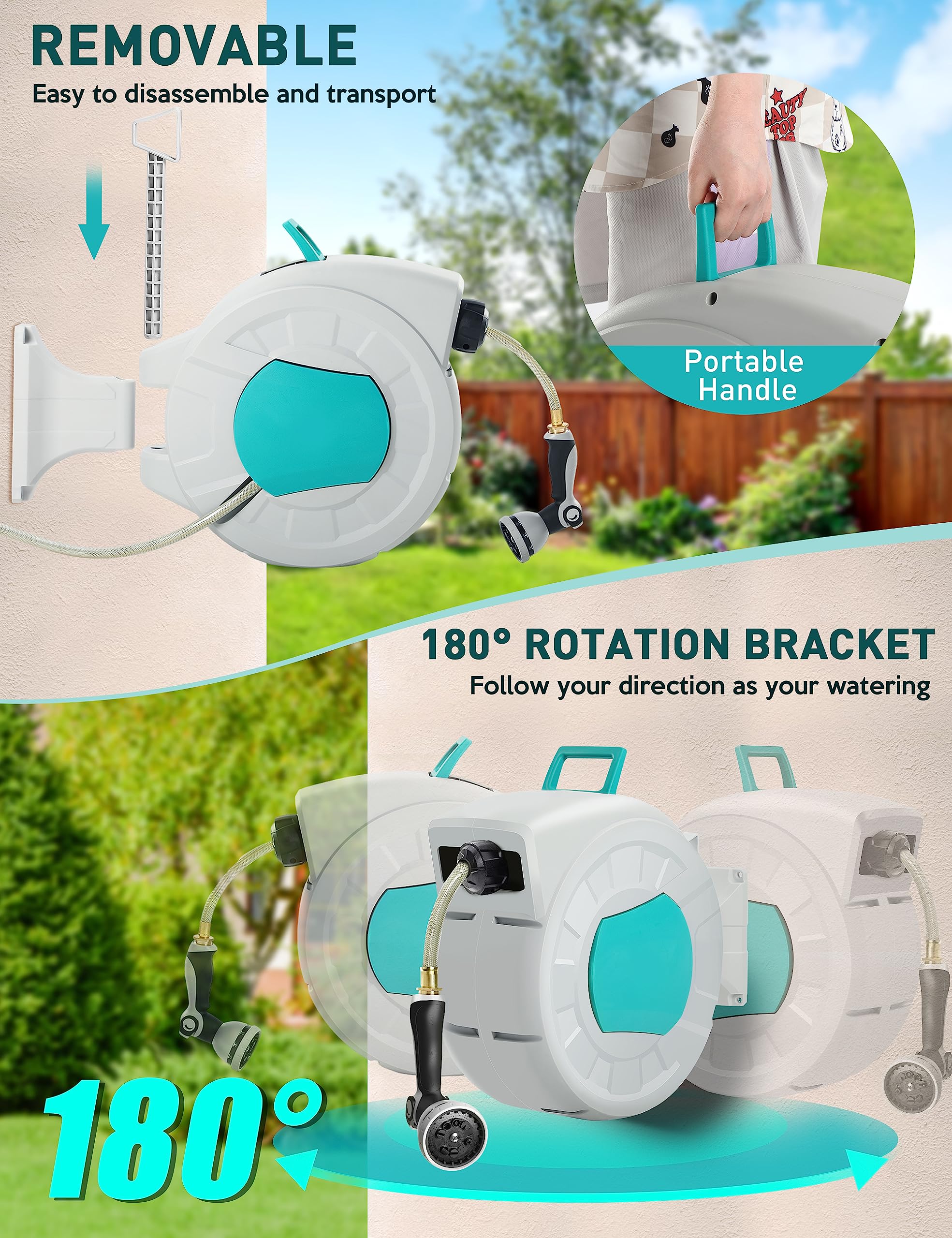 Rengue Retractable Garden Hose Reel, 1/2" x 100 ft Wall Mounted Hose Reel with 10 Pattern Nozzle, Automatic Slow Rewind, Any Length Lock, 180° Swivel Bracket, Ideal for Garden Watering