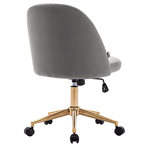 Duhome Cute Armless Home Office Chair,Swivel Desk Chair Velvet Upholstered Chair Rolling Computer Chair with Backrest Golden Base,Adjustable Vanity Chair with Wheels for Teens Adults,Grey