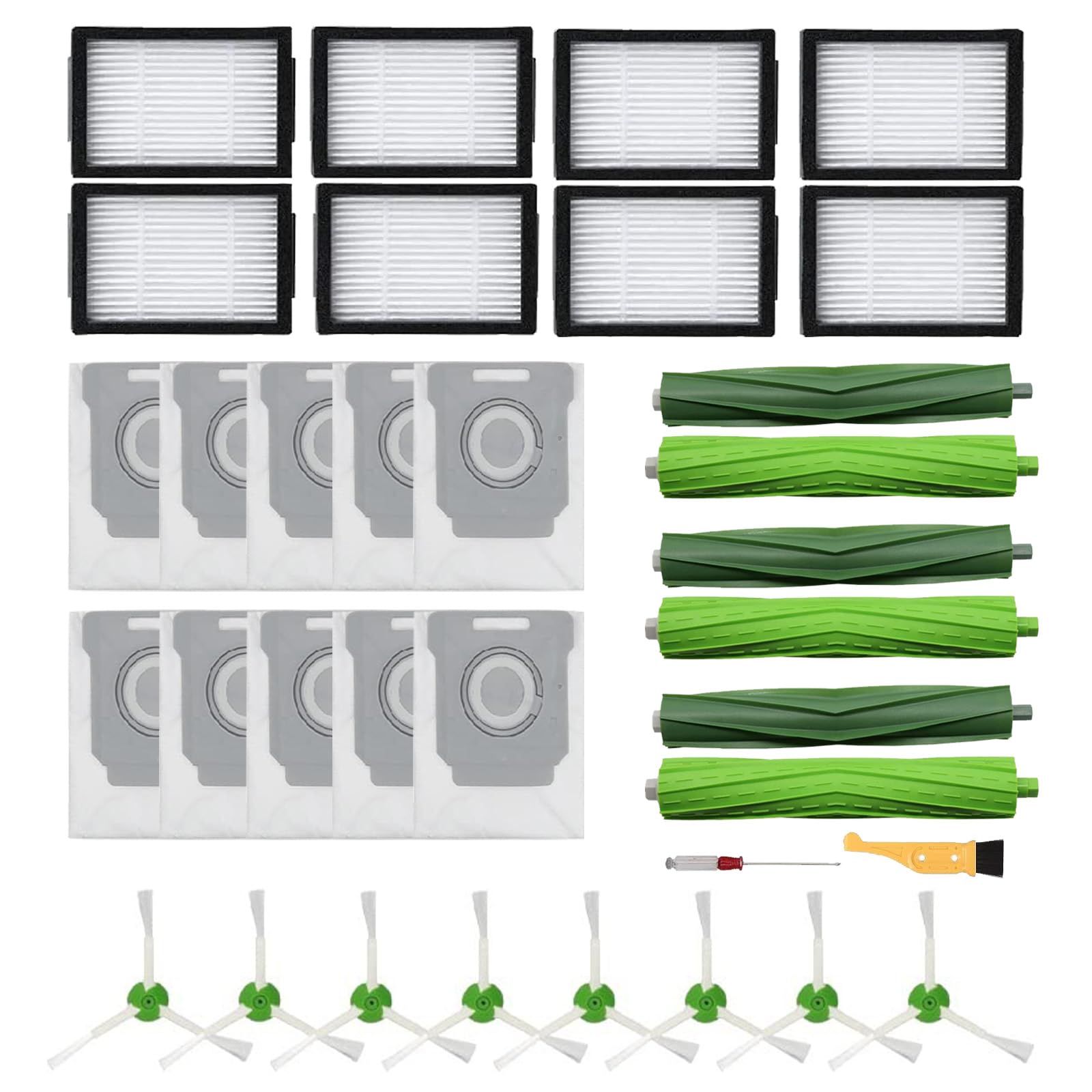 29 Pack Replacement Parts for iRobot Roomba i7 i7+ i3 i3+ i4 i4+ i6 i6+ i8 i8+ j7 j7+/Plus E5 E6 E7 Vacuum Cleaner, 3 Set Rubber Brushes and 8 Vacuum Filters and 8 Side Brushes and 10 Vacuum Bags