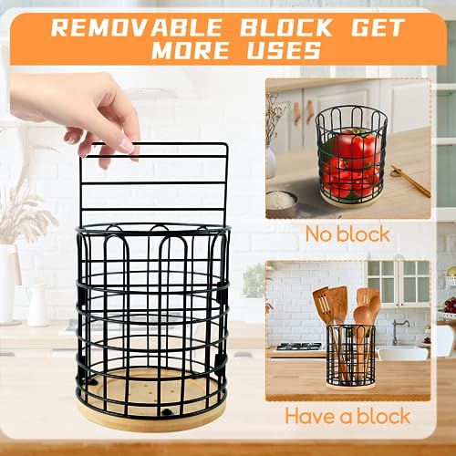 DeaLott Kitchen Utensil Holder for Countertop, 7.28'' Large Cooking Utensils Holder with Bamboo Base, Black Metal Wire Utensil Holder for Countertop, Kitchen Countertop Utensil Organizer