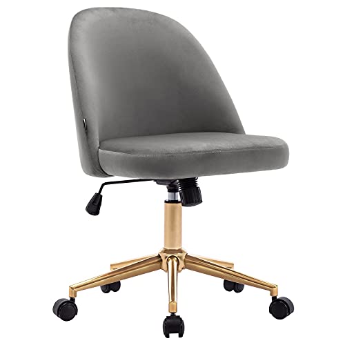 Duhome Cute Armless Home Office Chair,Swivel Desk Chair Velvet Upholstered Chair Rolling Computer Chair with Backrest Golden Base,Adjustable Vanity Chair with Wheels for Teens Adults,Grey