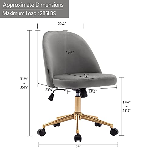 Duhome Cute Armless Home Office Chair,Swivel Desk Chair Velvet Upholstered Chair Rolling Computer Chair with Backrest Golden Base,Adjustable Vanity Chair with Wheels for Teens Adults,Grey