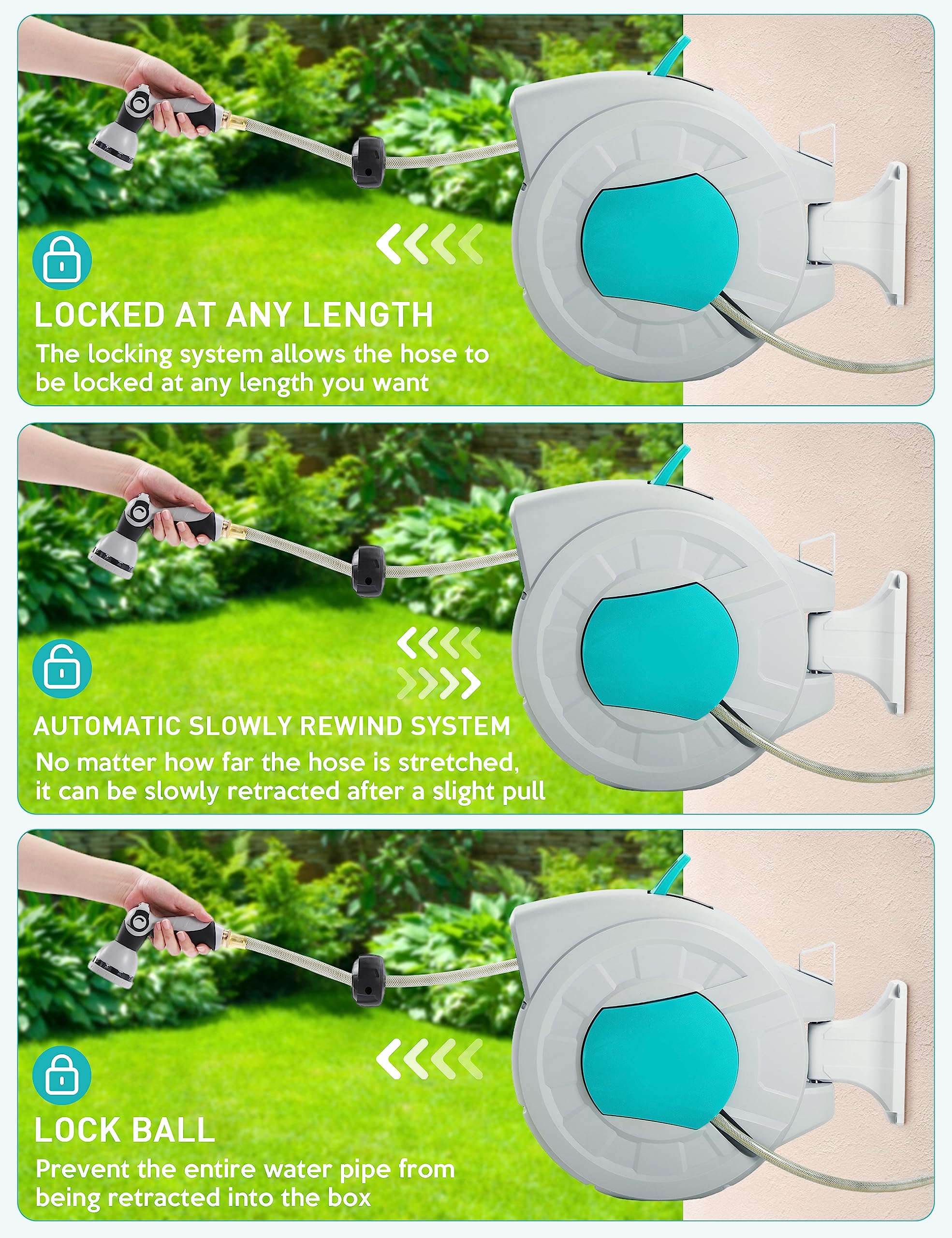 Rengue Retractable Garden Hose Reel, 1/2" x 100 ft Wall Mounted Hose Reel with 10 Pattern Nozzle, Automatic Slow Rewind, Any Length Lock, 180° Swivel Bracket, Ideal for Garden Watering