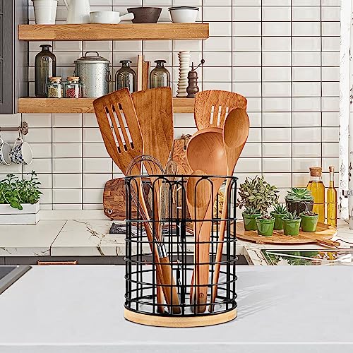 DeaLott Kitchen Utensil Holder for Countertop, 7.28'' Large Cooking Utensils Holder with Bamboo Base, Black Metal Wire Utensil Holder for Countertop, Kitchen Countertop Utensil Organizer