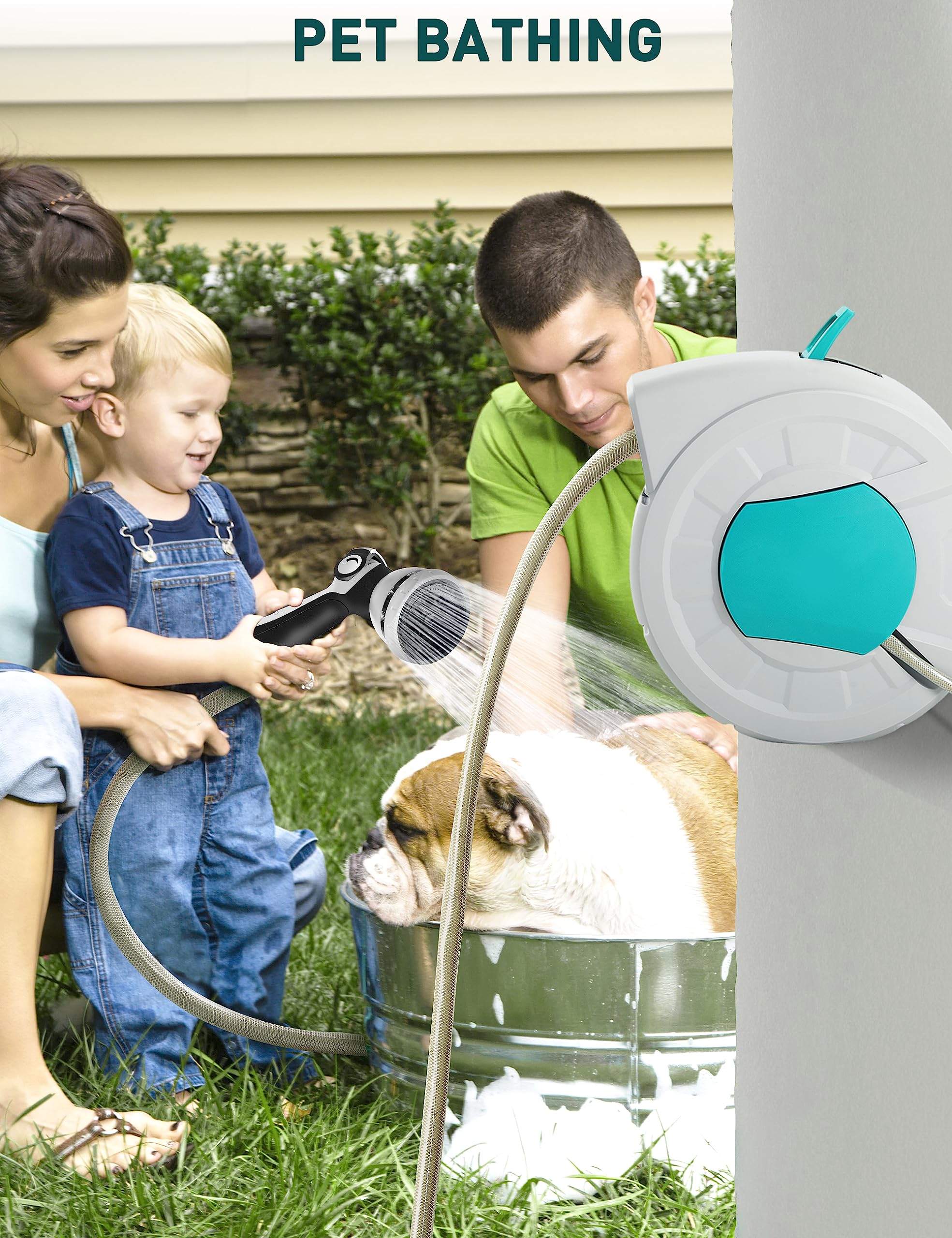 Rengue Retractable Garden Hose Reel, 1/2" x 100 ft Wall Mounted Hose Reel with 10 Pattern Nozzle, Automatic Slow Rewind, Any Length Lock, 180° Swivel Bracket, Ideal for Garden Watering