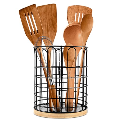 DeaLott Kitchen Utensil Holder for Countertop, 7.28'' Large Cooking Utensils Holder with Bamboo Base, Black Metal Wire Utensil Holder for Countertop, Kitchen Countertop Utensil Organizer