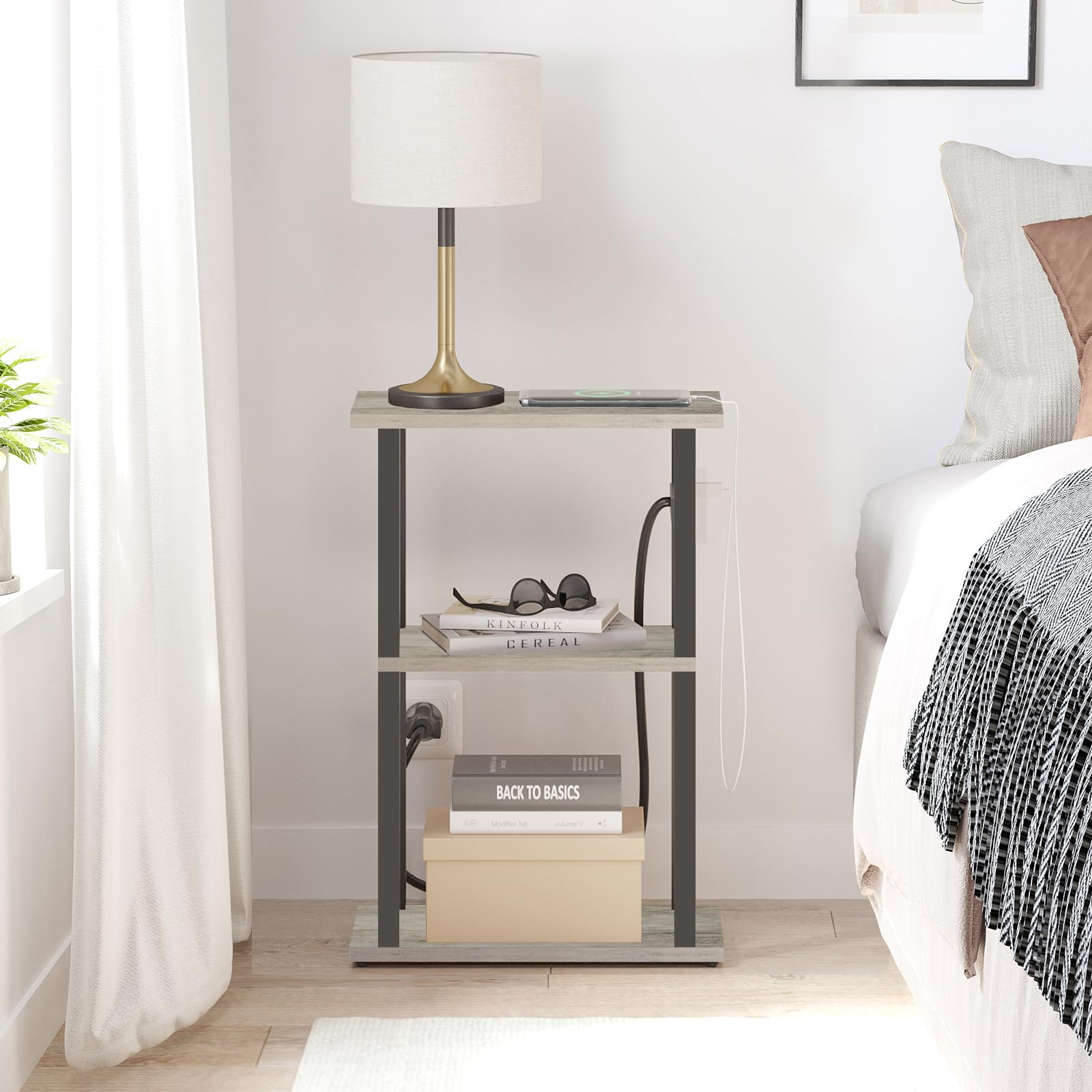 TUTOTAK Small Narrow Side Table with Charging Station, Skinny End Table for Small Spaces, Slim Nightstand with USB Ports and Outlet, Sofa Beside Table with Wheels, Greige TB01BG046