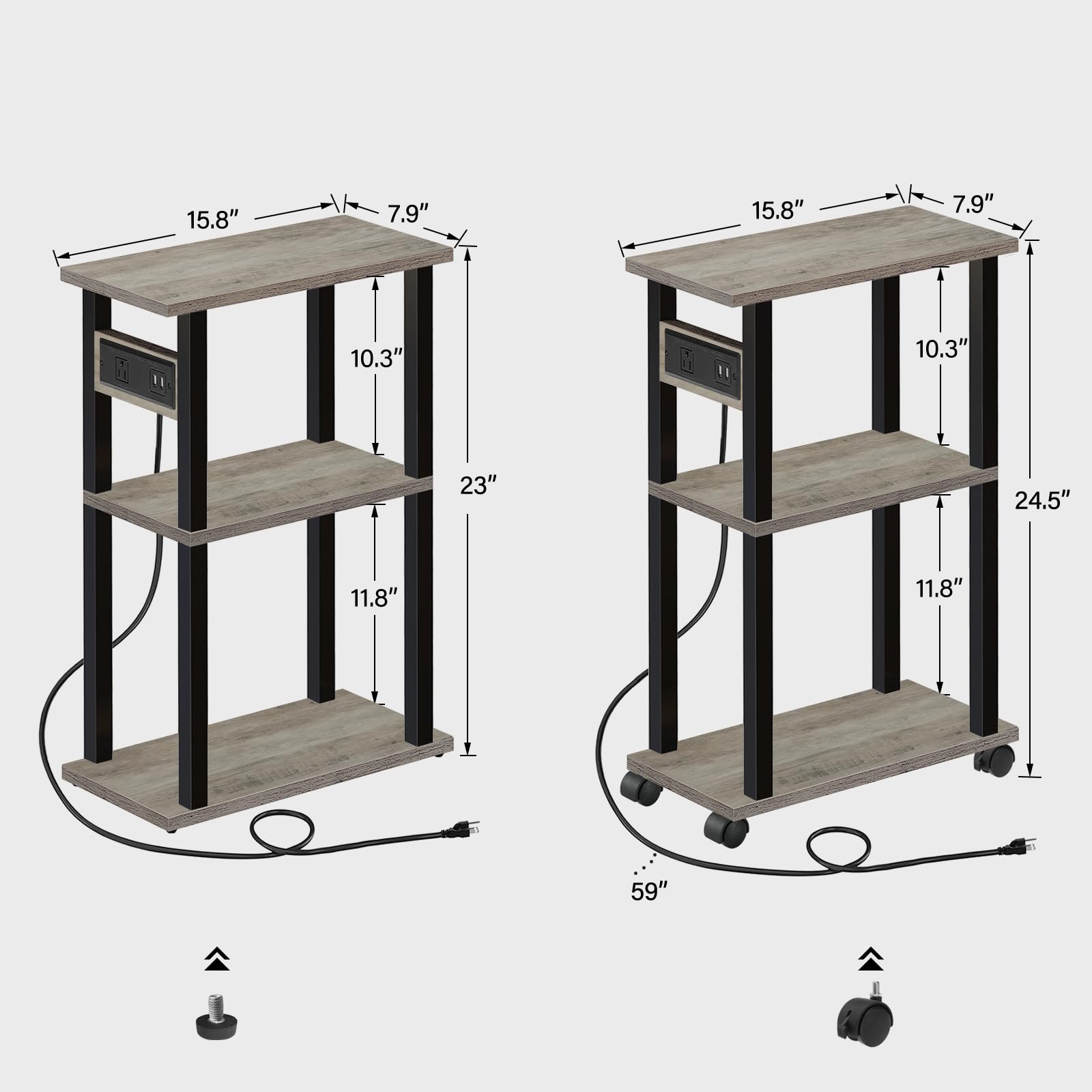 TUTOTAK Small Narrow Side Table with Charging Station, Skinny End Table for Small Spaces, Slim Nightstand with USB Ports and Outlet, Sofa Beside Table with Wheels, Greige TB01BG046