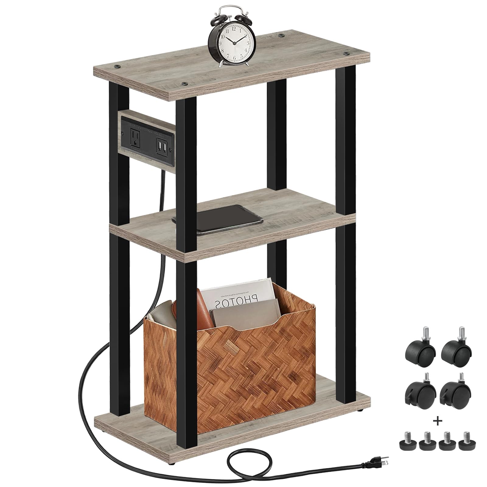TUTOTAK Small Narrow Side Table with Charging Station, Skinny End Table for Small Spaces, Slim Nightstand with USB Ports and Outlet, Sofa Beside Table with Wheels, Greige TB01BG046