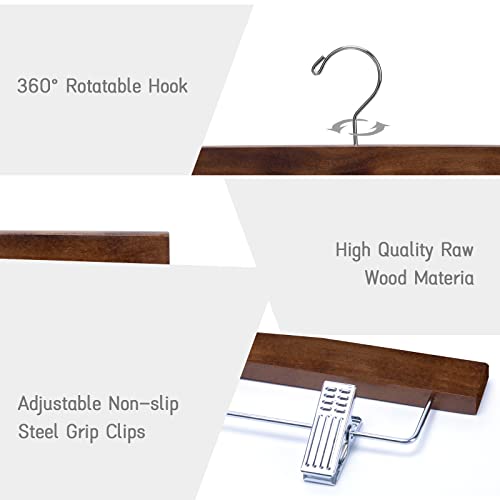Nature-Smile Solid Lotus Wood Deluxe Wooden Pants Hangers Bottom Hanger Jeans Hanger Skirt Hanger with 2-Adjustable Clips Anti Rust Hook 20 Pack (Retro)