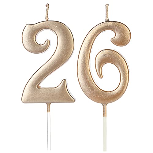 26th & 62nd Number Birthday Candles for Cake Topper, Number 62 26 Glitter Premium Candle Party Anniversary Celebration Decoration for Kids Women or Men, Champagne Gold