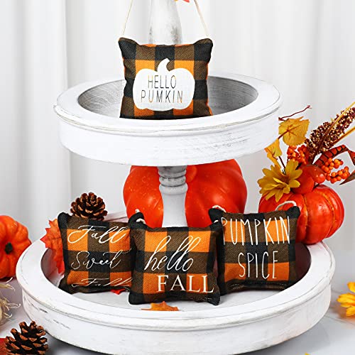 4 Pieces Christmas Mini Pillows Decorations Buffalo Plaid Pillow Plaid Mini Throw Pillow Tiered Tray Decor Home Living Room Bedroom Thanksgiving Party Fall Decor for Tiered Tray(Orange and Black)