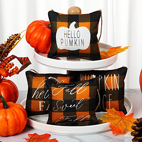 4 Pieces Christmas Mini Pillows Decorations Buffalo Plaid Pillow Plaid Mini Throw Pillow Tiered Tray Decor Home Living Room Bedroom Thanksgiving Party Fall Decor for Tiered Tray(Orange and Black)