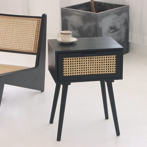 AWASEN Mid Century Nightstand with Drawer, Rattan Side Table for Living Room, Bedroom and Small Space, Solid Wood Legs & Natural Rattan Bedside Table, Easy Assembly (Black)
