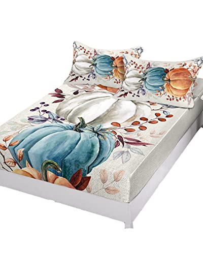 Fall Pumpkin Leaves on Burlap Fitted Bed Sheets Full Size Fit 5-16inch Deep Pockets,Luxury Bottom Sheet Bedding Set with Pillow Case,Thanksgiving Watercolor Plant Fitted Sheet for Mattress