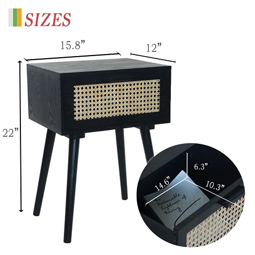 AWASEN Mid Century Nightstand with Drawer, Rattan Side Table for Living Room, Bedroom and Small Space, Solid Wood Legs & Natural Rattan Bedside Table, Easy Assembly (Black)