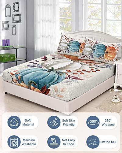 Fall Pumpkin Leaves on Burlap Fitted Bed Sheets Full Size Fit 5-16inch Deep Pockets,Luxury Bottom Sheet Bedding Set with Pillow Case,Thanksgiving Watercolor Plant Fitted Sheet for Mattress