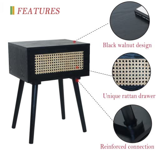 AWASEN Mid Century Nightstand with Drawer, Rattan Side Table for Living Room, Bedroom and Small Space, Solid Wood Legs & Natural Rattan Bedside Table, Easy Assembly (Black)