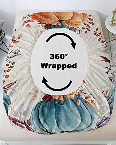 Fall Pumpkin Leaves on Burlap Fitted Bed Sheets Full Size Fit 5-16inch Deep Pockets,Luxury Bottom Sheet Bedding Set with Pillow Case,Thanksgiving Watercolor Plant Fitted Sheet for Mattress