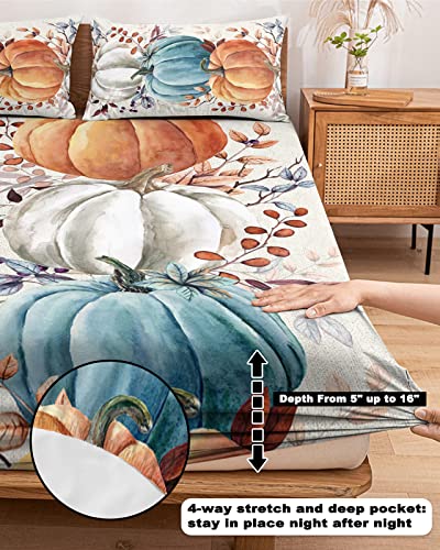 Fall Pumpkin Leaves on Burlap Fitted Bed Sheets Full Size Fit 5-16inch Deep Pockets,Luxury Bottom Sheet Bedding Set with Pillow Case,Thanksgiving Watercolor Plant Fitted Sheet for Mattress