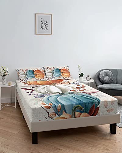 Fall Pumpkin Leaves on Burlap Fitted Bed Sheets Full Size Fit 5-16inch Deep Pockets,Luxury Bottom Sheet Bedding Set with Pillow Case,Thanksgiving Watercolor Plant Fitted Sheet for Mattress