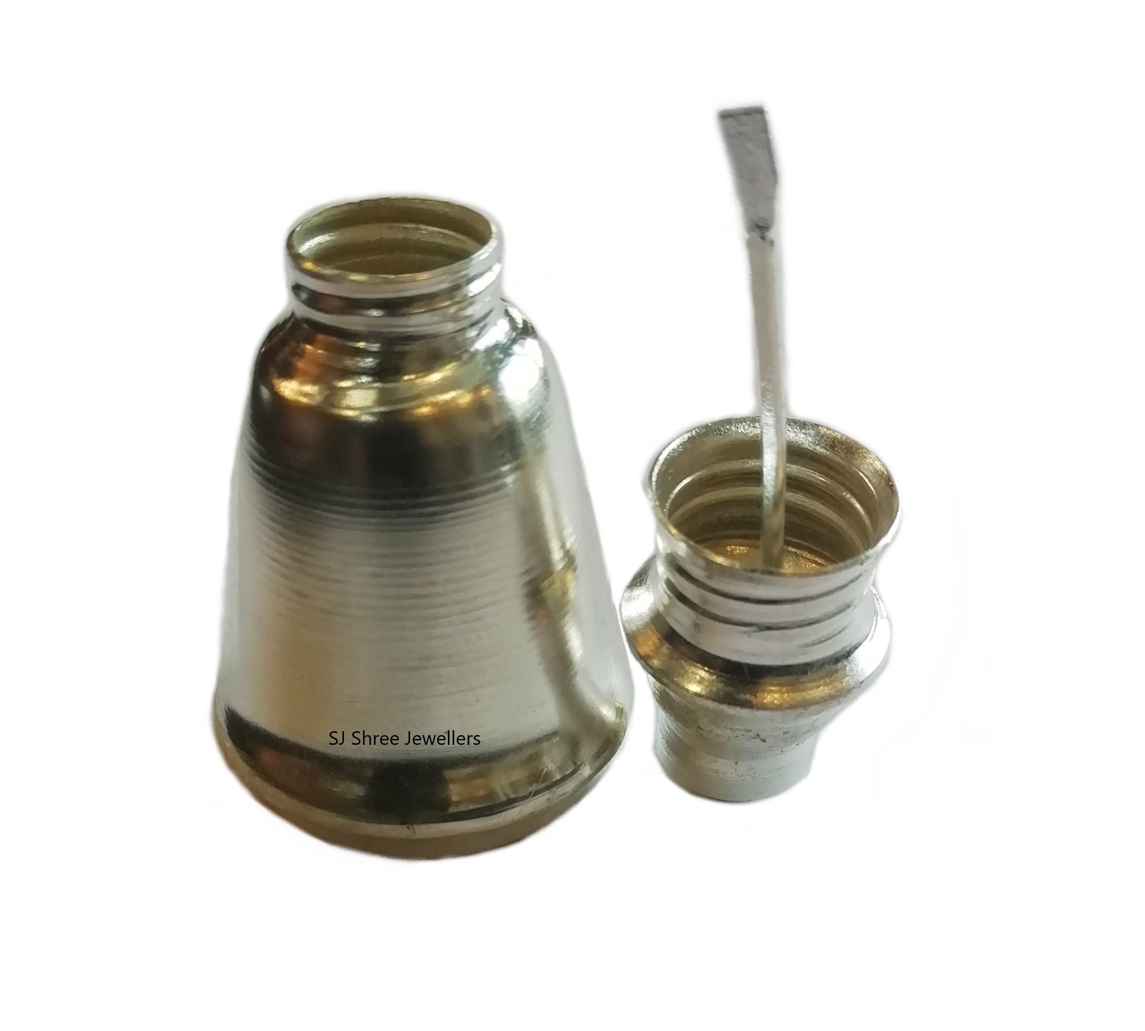 shree jewellers SJ Silver Plated Sindoor Bottle with Stick, Pooja Items for Home, KumKum Round Box Spiritual Gift Item ~ Size 5 x 2.5 cm