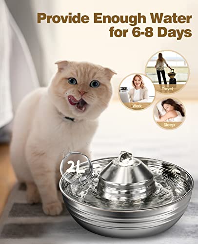 oneisall Cat Water Fountain Stainless Steel,2L/67oz Quiet Cat Fountain Water Bowl for Multiple Pets,Low Noise Water Fountain for Cats Inside