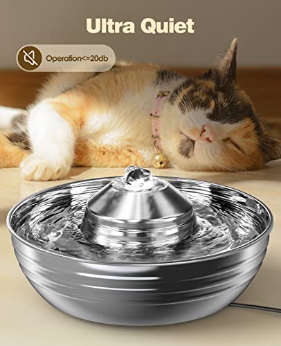 oneisall Cat Water Fountain Stainless Steel,2L/67oz Quiet Cat Fountain Water Bowl for Multiple Pets,Low Noise Water Fountain for Cats Inside