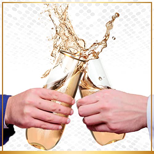 30 Plastic Stemless Champagne Flutes - Disposable Unbreakable 9 Oz toasting glasses, With Gold rim | Reusable, Clear, Fancy & Shatterproof Champagne Glasses - Ideal for Weddings, Birthdays, Parties