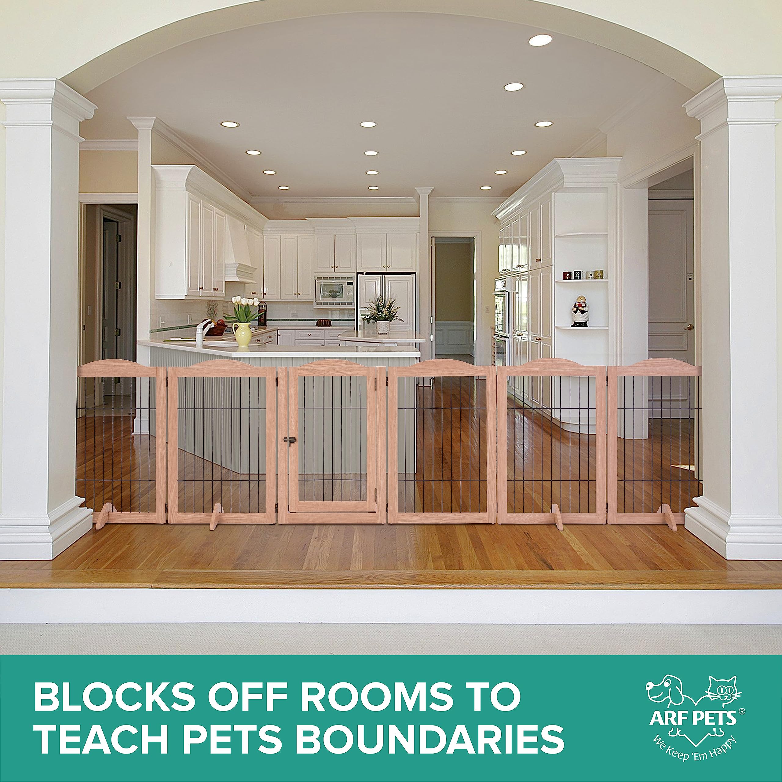Arf Pets Freestanding Dog Gate with Door, 6 Panel 360° configurable Wooden Wire Fence, 132" Wide, 31.5" Tall, Foldable, Five Support Feet Included, for The House - Indoor Use