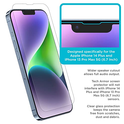 Tech Armor Ballistic Glass Screen Protector for iPhone 14 Plus and iPhone 13 Pro Max [6.7 Inch] Display 3 Pack Tempered Glass, Case Friendly