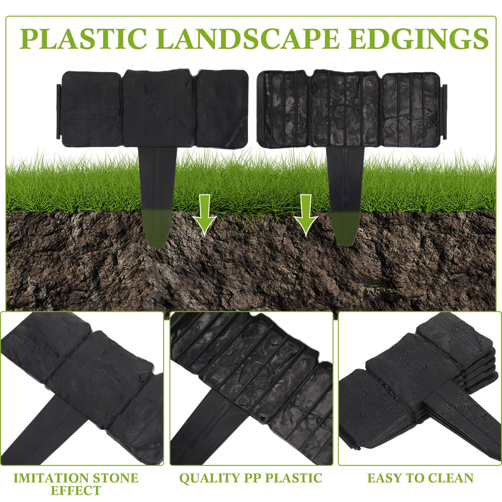 Geetery 50 Pcs Landscape Edging Border Garden Edging Borders Plastic No Dig Landscape Edging Black Stone Effect Fence Flower Bed Decorative Lawn Borders for DIY Outdoor Patio Balcony Yard Walkway