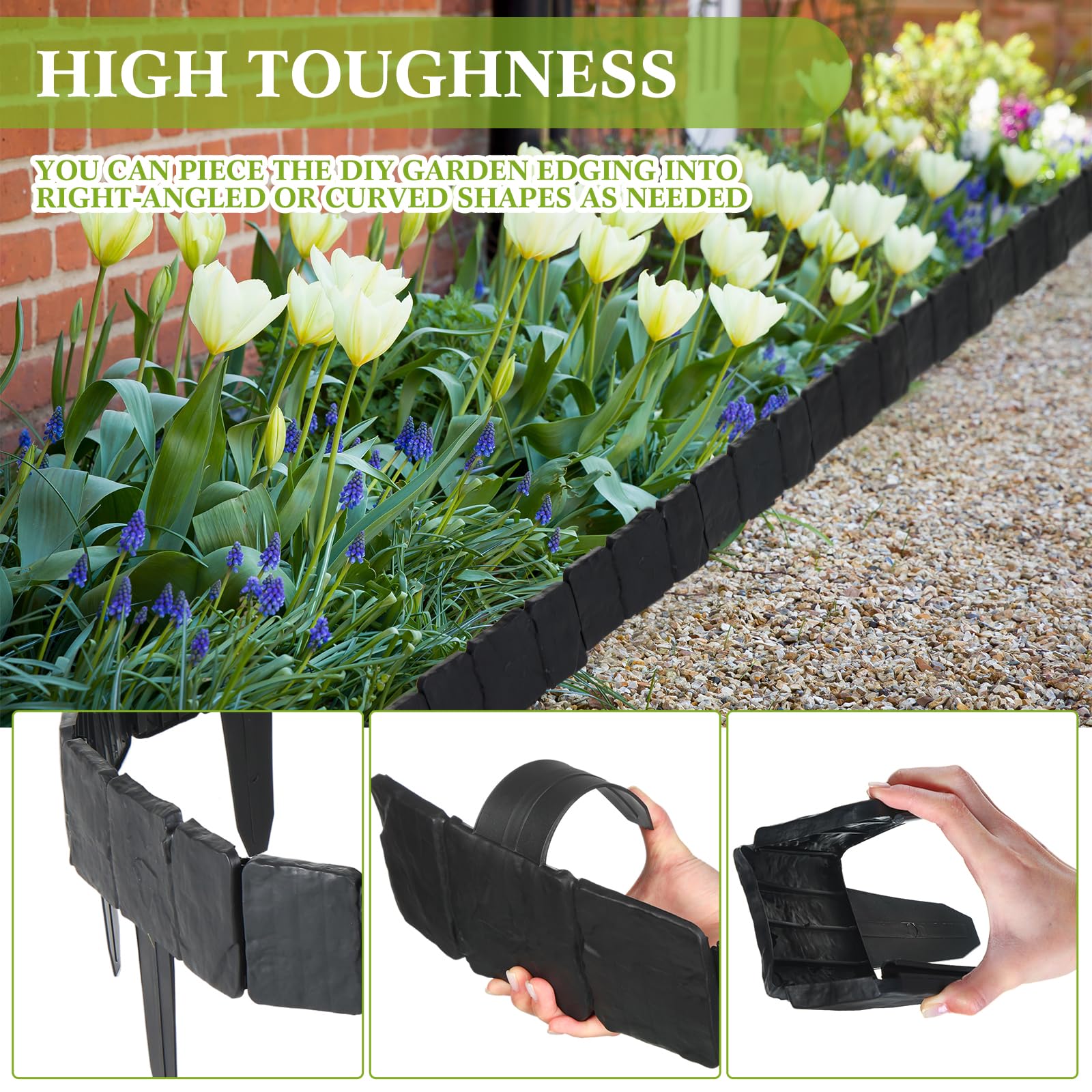 Geetery 50 Pcs Landscape Edging Border Garden Edging Borders Plastic No Dig Landscape Edging Black Stone Effect Fence Flower Bed Decorative Lawn Borders for DIY Outdoor Patio Balcony Yard Walkway