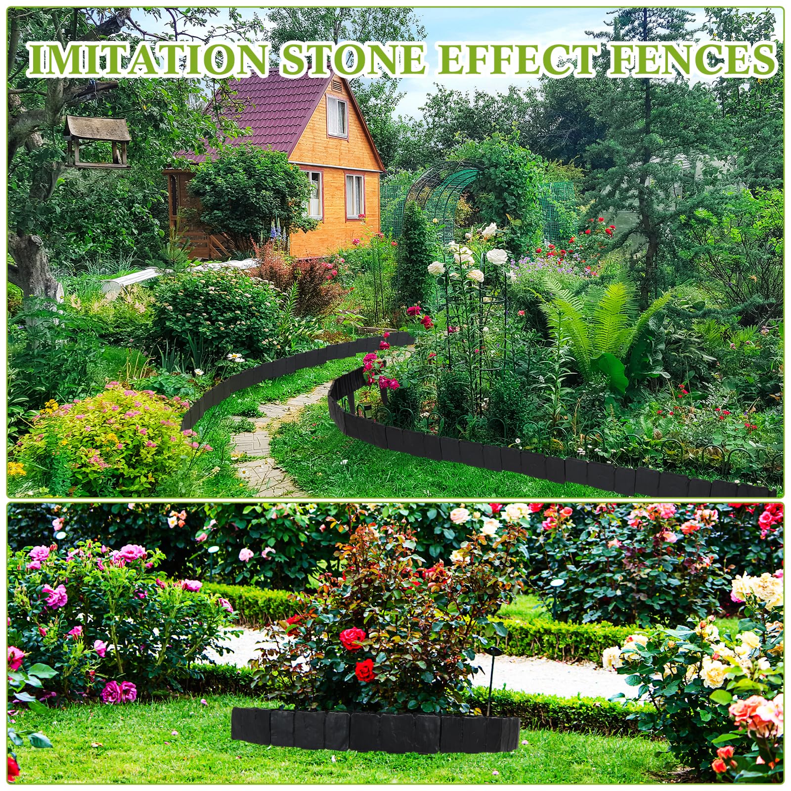 Geetery 50 Pcs Landscape Edging Border Garden Edging Borders Plastic No Dig Landscape Edging Black Stone Effect Fence Flower Bed Decorative Lawn Borders for DIY Outdoor Patio Balcony Yard Walkway