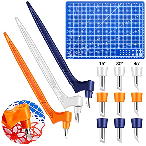 360 Rotating Craft Cutting Tools Set,3 Pieces Specialty Cutting Tools with 9 Pieces 360-Degree Rotating Carbon Steel Replacement Blade and Cutting Mat for DIY Craft (Orange, Blue, White)