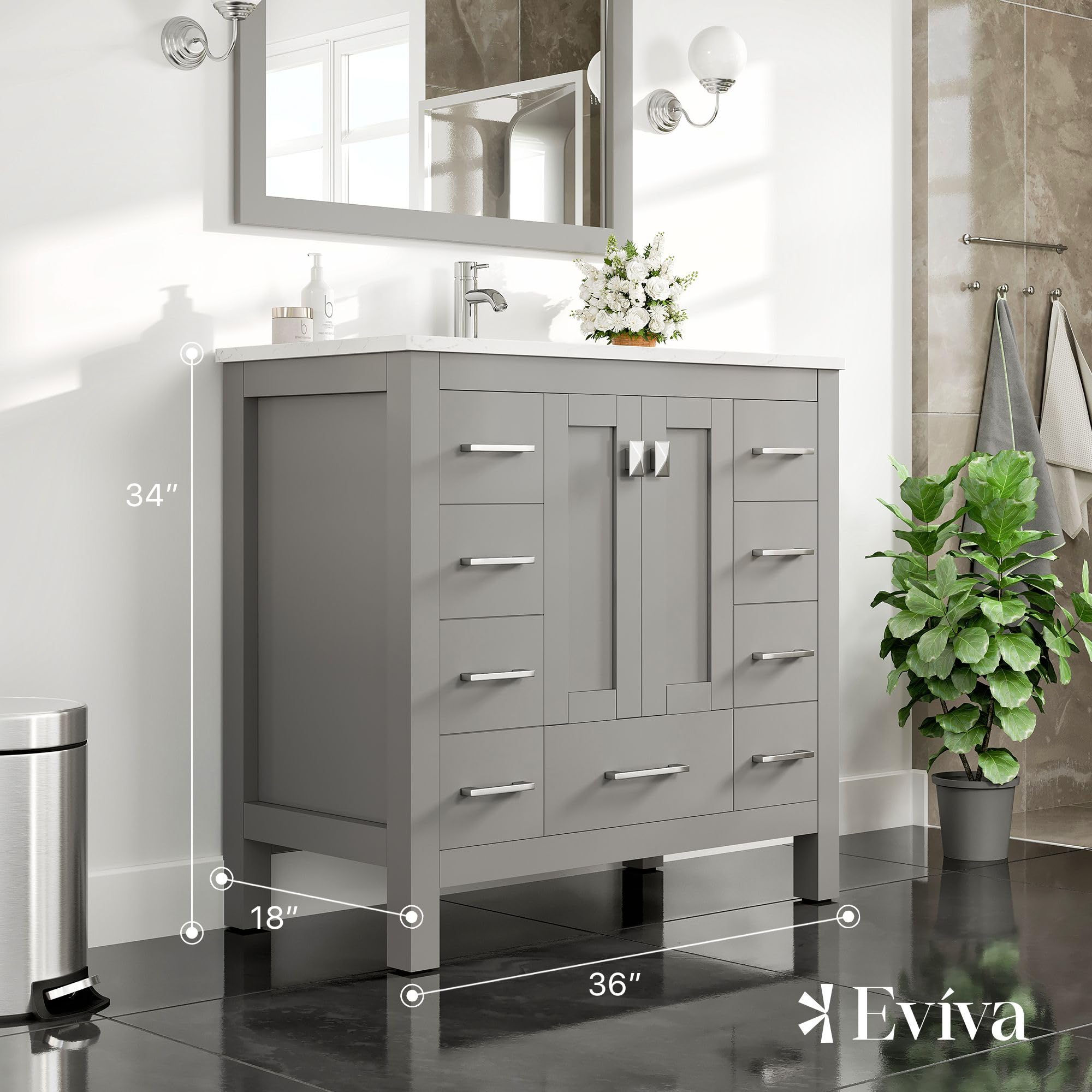 Eviva Bathroom Vanity Cabinet 36in White - Solid Wood w/9 Drawers, Porcelain Sink & Marble Countertop - Gray