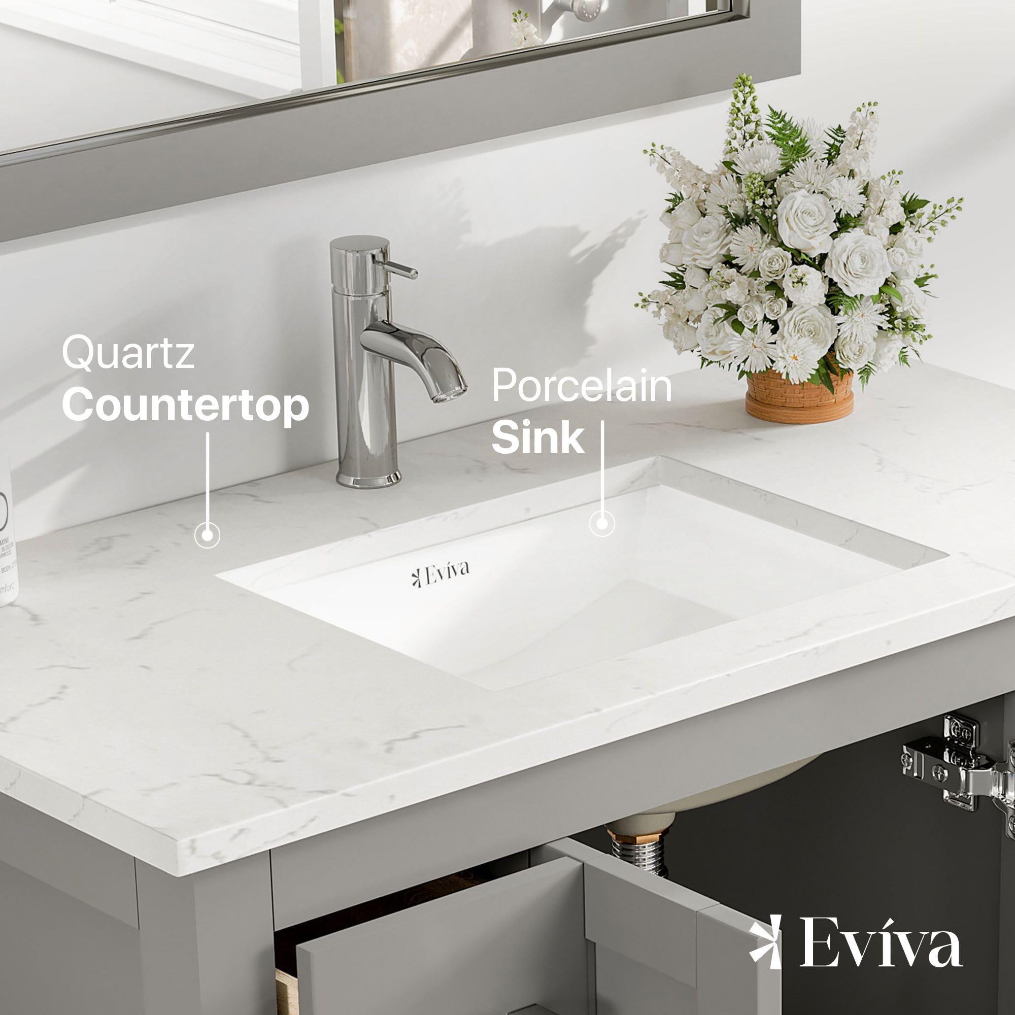 Eviva Bathroom Vanity Cabinet 36in White - Solid Wood w/9 Drawers, Porcelain Sink & Marble Countertop - Gray