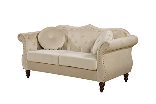 US Pride Furniture Anna Collection Modern Chesterfield Velvet Upholstered Sofa for Living Room with Elegant Rolled Arms, Solid Wood Frame & Accent Throw Pillows, Loveseat, Beige