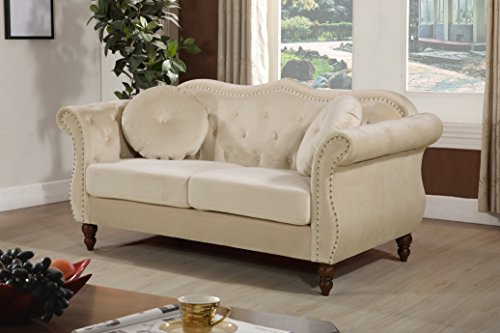 US Pride Furniture Anna Collection Modern Chesterfield Velvet Upholstered Sofa for Living Room with Elegant Rolled Arms, Solid Wood Frame & Accent Throw Pillows, Loveseat, Beige