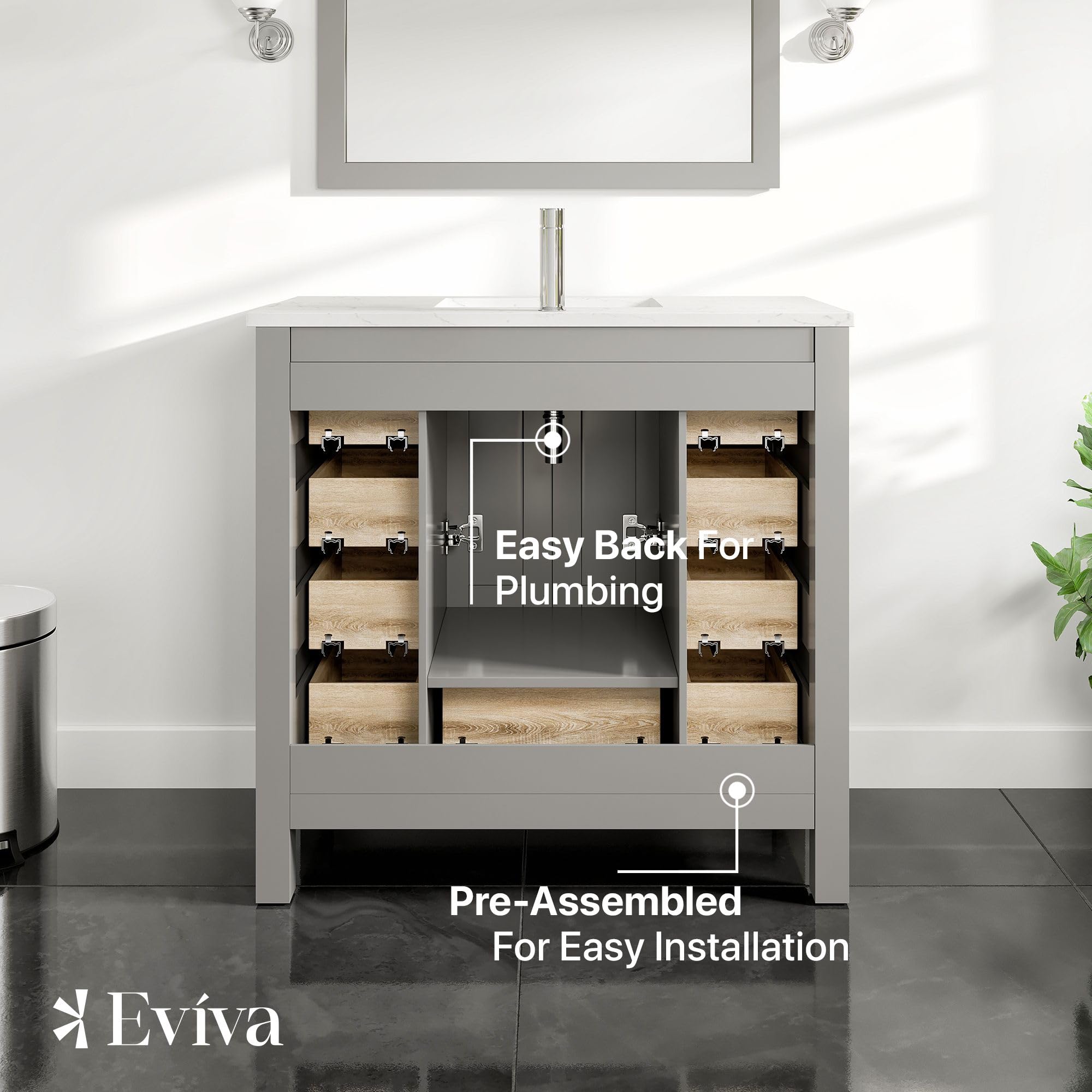 Eviva Bathroom Vanity Cabinet 36in White - Solid Wood w/9 Drawers, Porcelain Sink & Marble Countertop - Gray